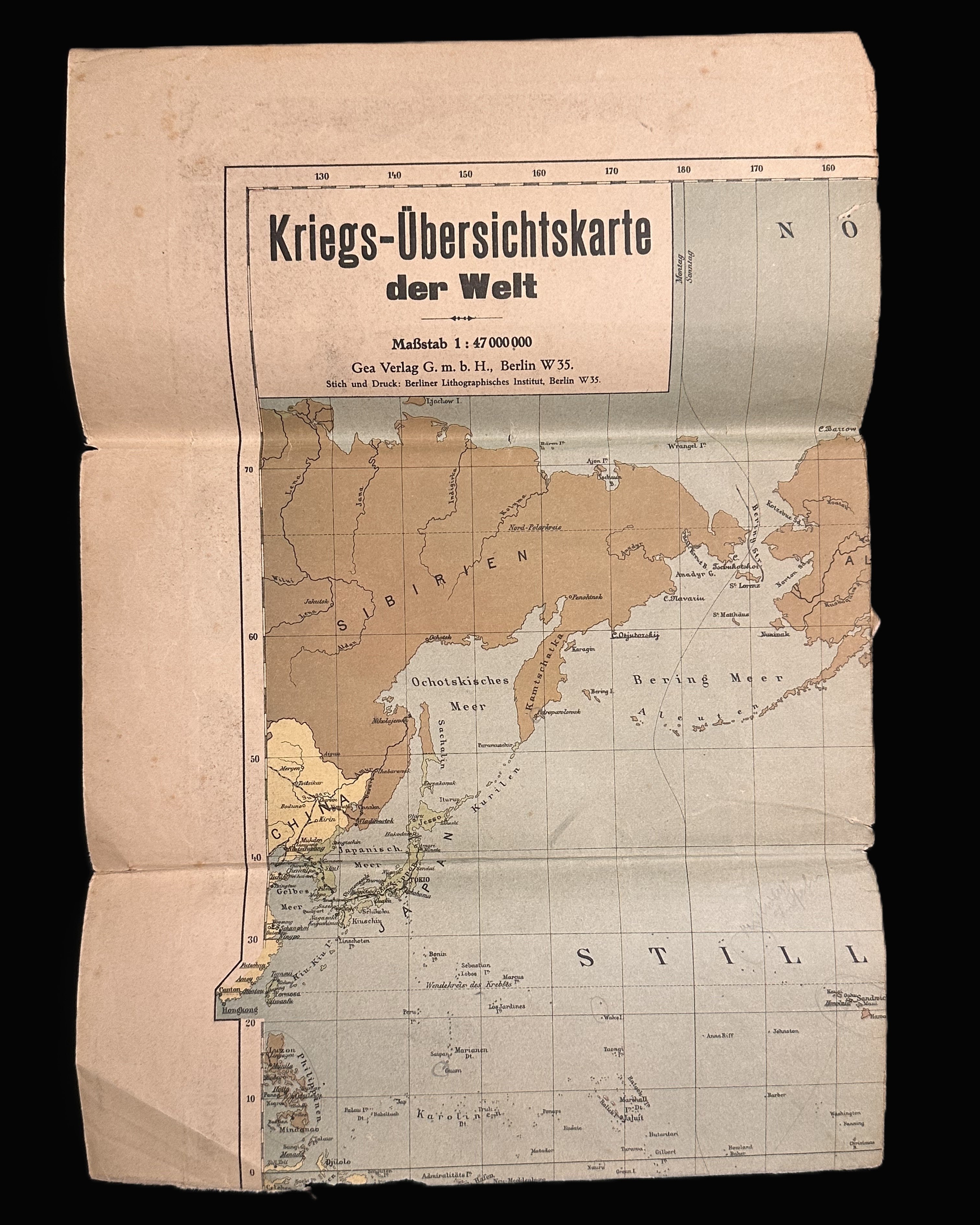 WWI German Krieg-Übersichtskarte der Welt Folding Map, Geo Verlag Berl